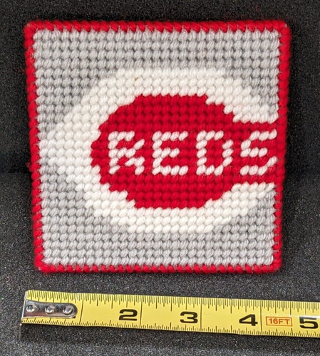 MLB CINCINNATI REDS LOGO 4X4 HANDMADE NEEDLE POINT COASTER GREY ...