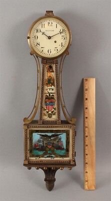 Miniature Antique Waltham Banjo Wall Clock Reversed Painted Naval Ship ...