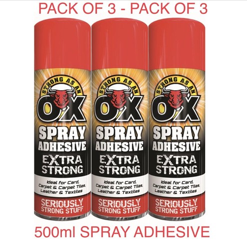 PACK OF 3 x 500ML STRONG AS AN OX HEAVY DUTY SPRAY ADHESIVE GLUE STRONG ...