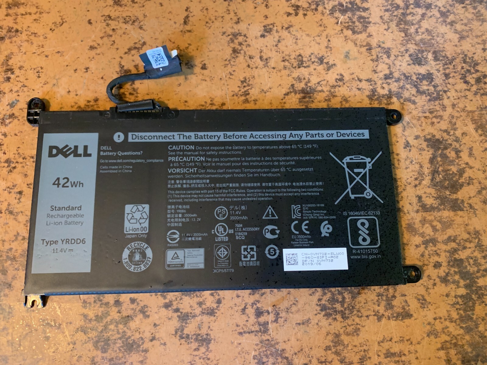 Genuine Dell Inspiron 3583 11.4V 42Wh 3500mAh Laptop Battery YRDD6 ...