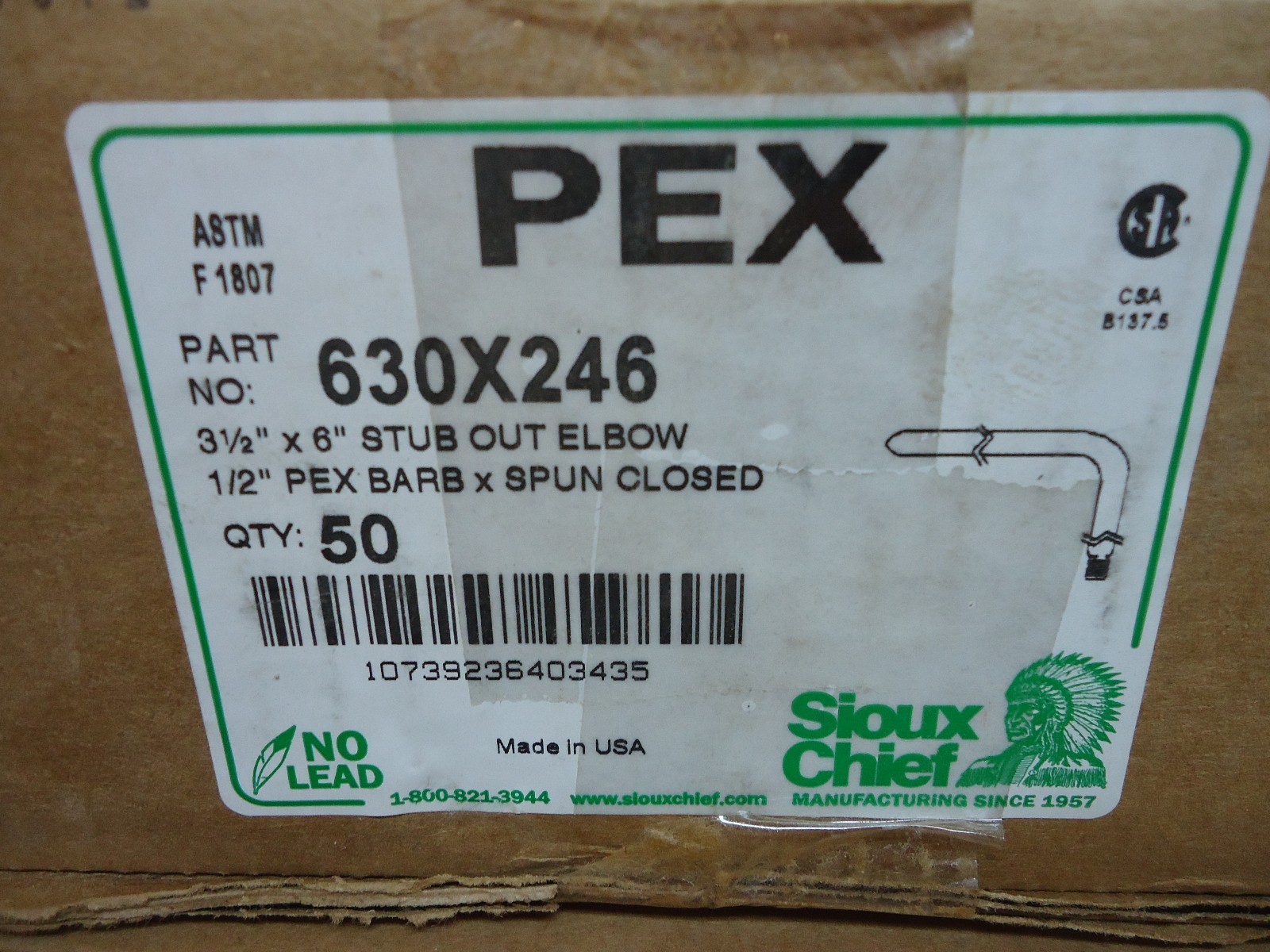 Sioux Chief 630X246 PowerPEX® 1/2" PEX Copper Stub Out Elbow, 3-1/2" x ...