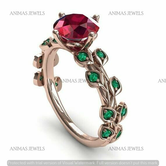 14K Rose Gold Plated 2.00CT Round Cut Simulated Ruby Rose Flower ...