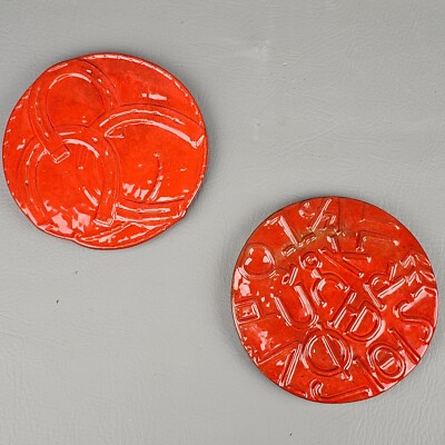 Lot of 2 Frankoma Orange Trivets Cattlebrands & Good Luck #94TRC #94TRH ...