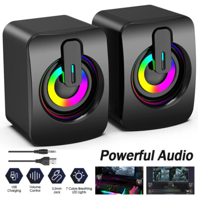 PC Surround Sound RGB Computer Speakers Gaming Deep Bass USB Wired PC ...