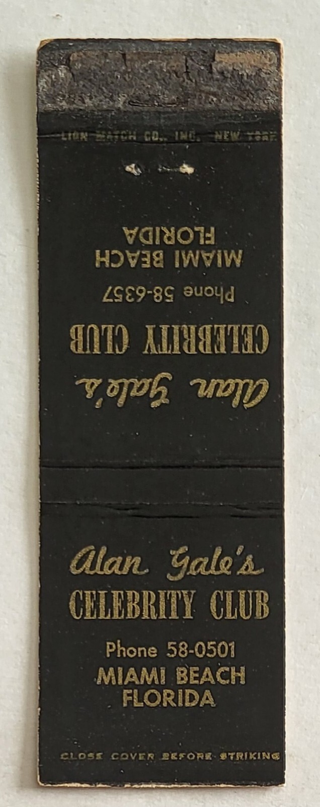 Vintage Matchbook Cover....Alan Gale's Celebrity Club of Miami Beach ...