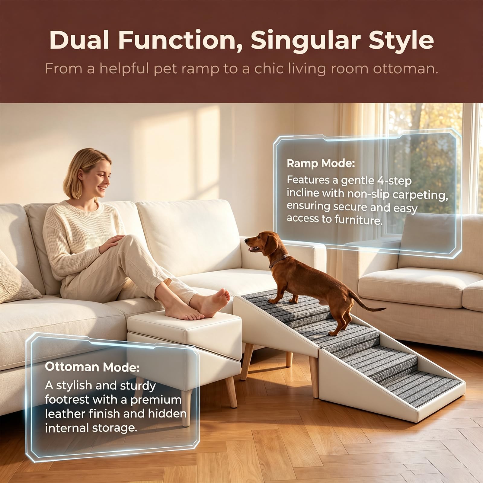 Foldable 2-in-1 Wooden Dog Stairs Non-Slip Ramp for Small Dogs Bed ...