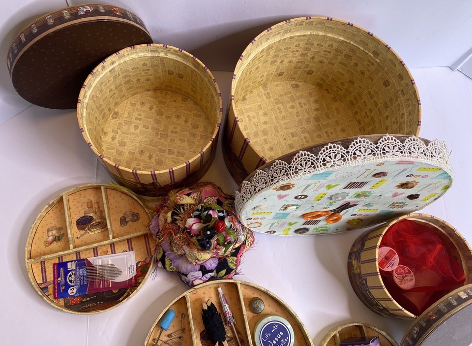 3 Stitch In Time Round Nesting Boxes Trays Sewing Notions Pin Cushion ...