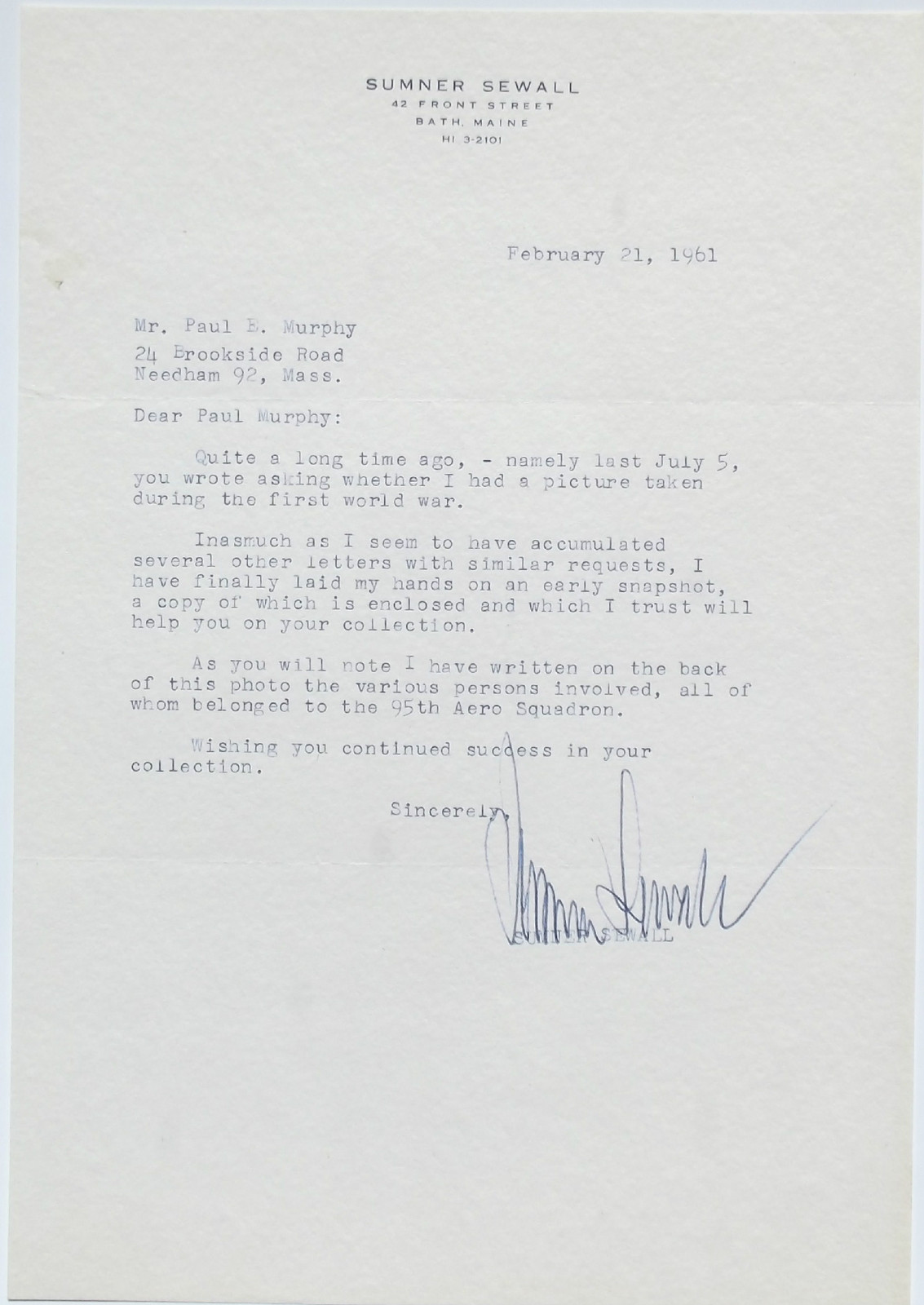 Sumner Sewall WW I War Ace 7 Aerial Victories Signed Letter 95th Aerial ...