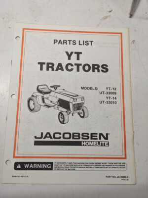 JACOBSEN ILLUSTRATED PARTS MANUAL LIST BOOK TRACTOR YT- 12 14 99262-8 ...