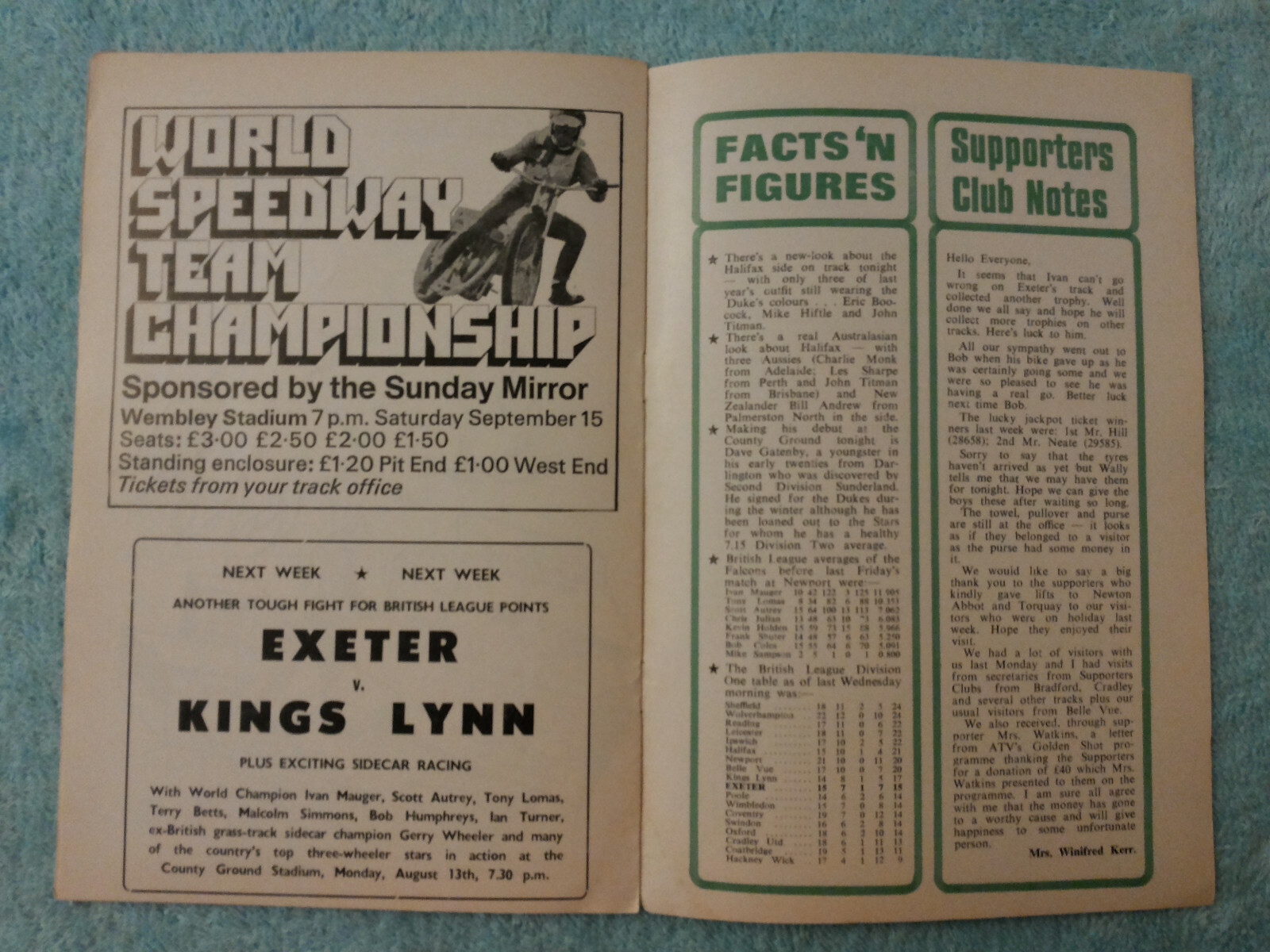 EXETER SPEEDWAY 1973 ORIGINAL PROGRAMME v HALIFAX. 6th AUGUST. 22nd ...
