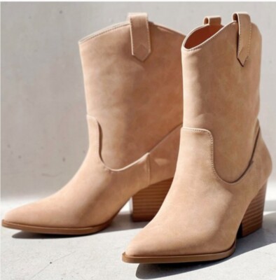 NEW Women Tan Distress Nubuck Faux Leather Western Ankle Boots | eBay