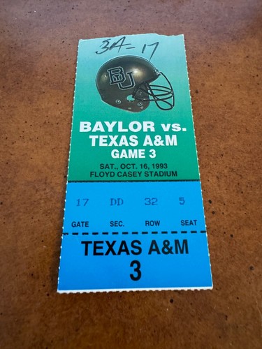 1993 Texas A&M Aggies Baylor Bears Football Ticket James McKeehan ...