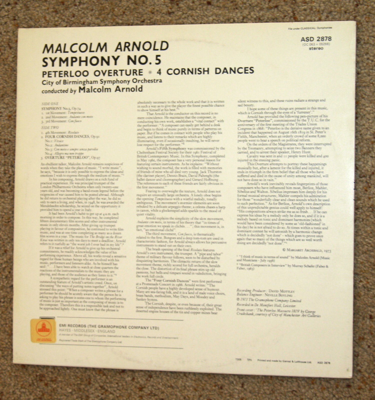 Malcolm Arnold Symphony No 5 Peterloo Overture Cornish LP vintage vinyl ...