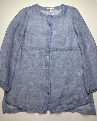Eileen Fisher Linen Nylon Loose Weave Tunic Button Up Long Sleeve Sheer ...
