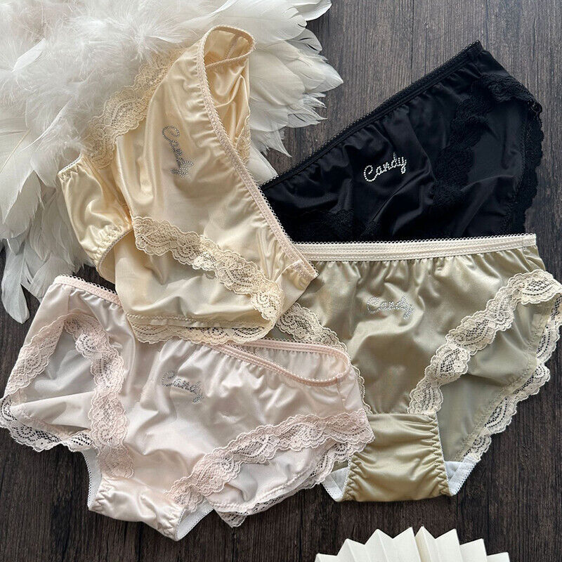 4 Packs Lot Sexy Womens Satin Panties Full Briefs Lace Lady Underwear ...