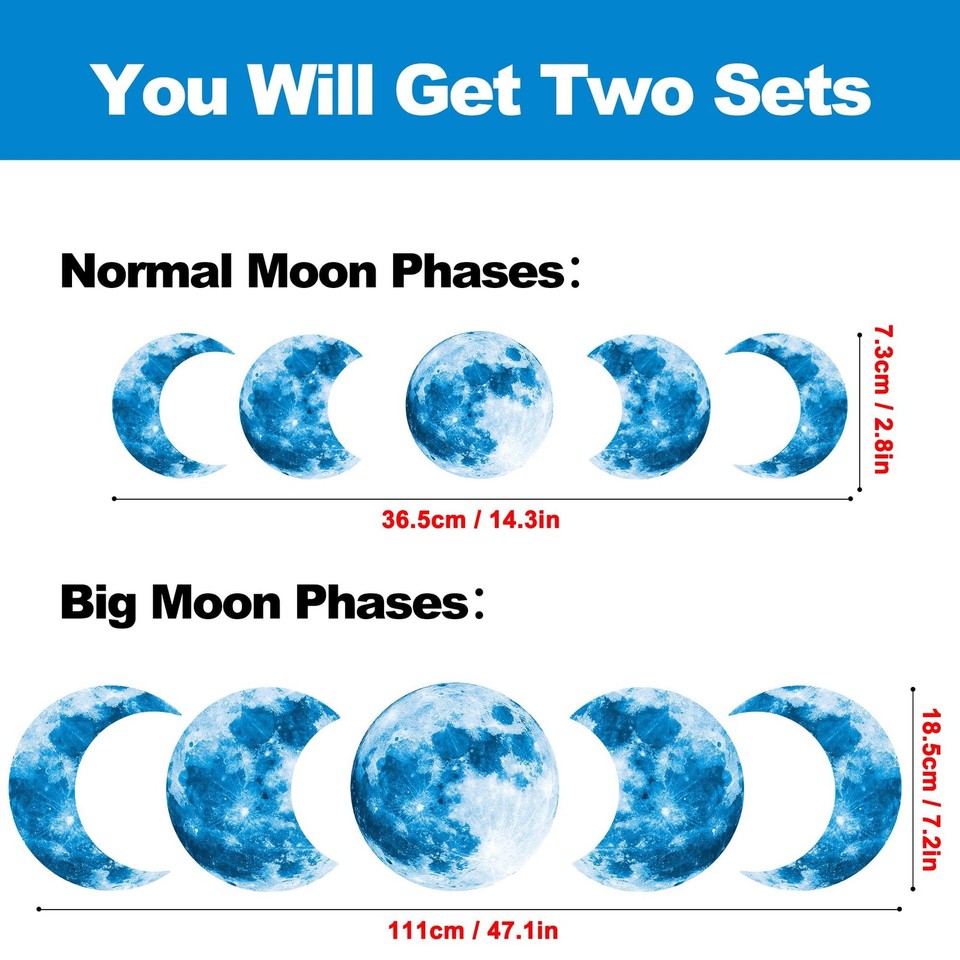 10Pcs Glow in The Dark Moon Wall Decals Large Luminous Space Planet ...