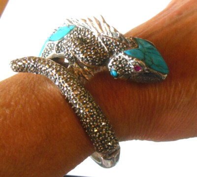 925 Silver Iguana Lizard Bracelet Turquoise, Marcasite, Genuine Ruby ...