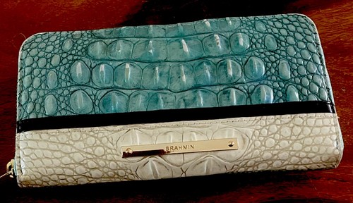 BRAHMIN TURQUOISE Tri Color LEATHER ZIP AROUND Clutch WALLET-Excellent ...