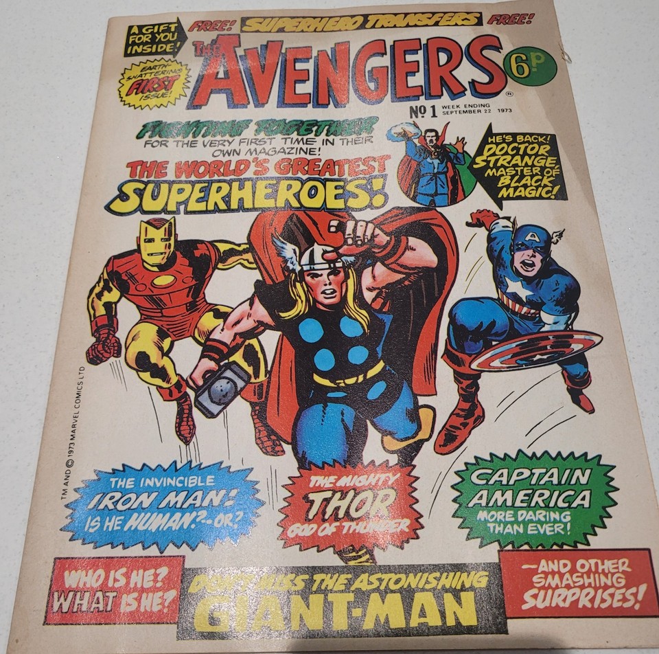 Avengers # 1 # 2 UK Marvel weekly 1973 no free gifts. Thor Iron Man Cap ...