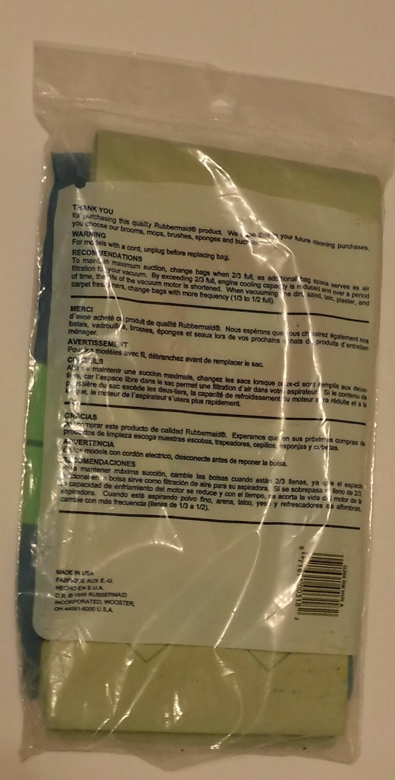 Rubbermaid Vacuum Cleaner bags pack of 4 for Hoover Singer Bissell ...
