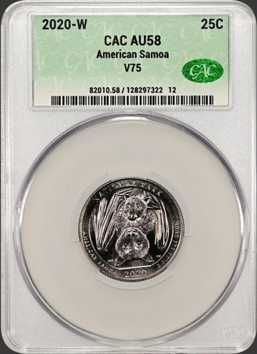 2020 W American Samoa NP Quarter 25c CACG AU58 Privy Mark V75 Bat Coin ...