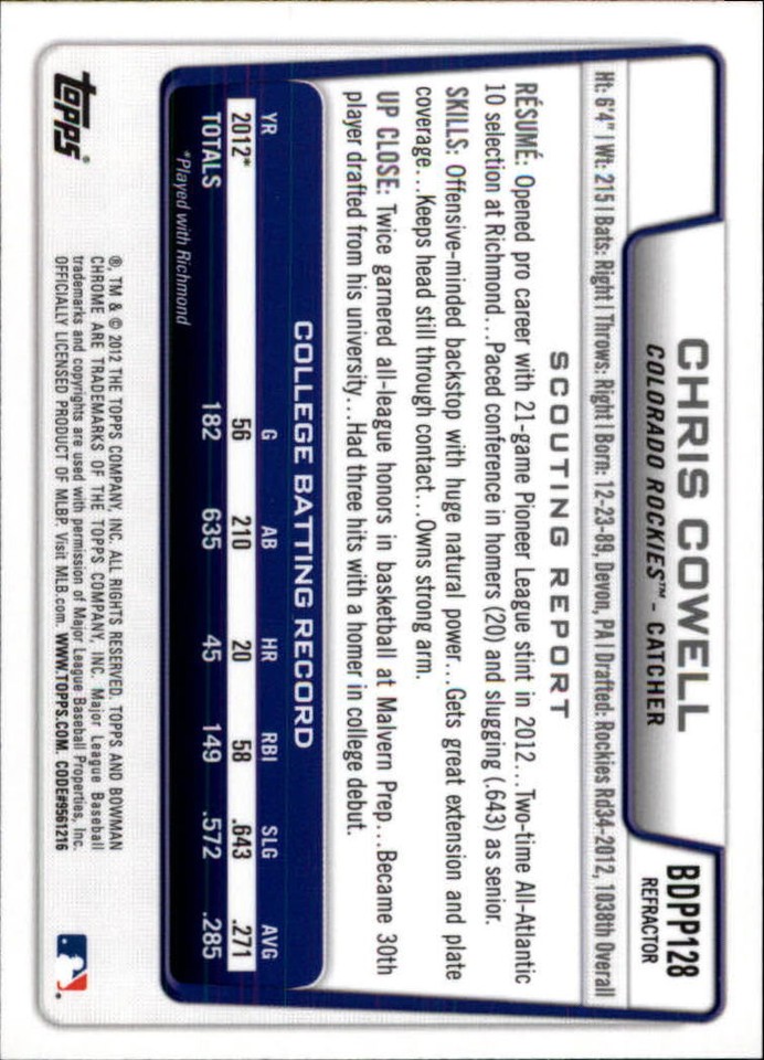 2012 (ROCKIES) Bowman Chrome Draft Draft Picks Refractors #BDPP128 ...