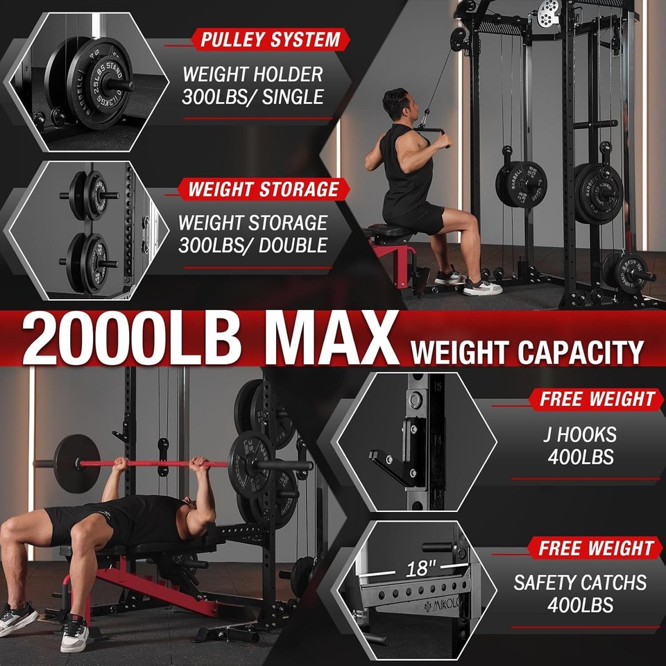 Power Cage 2000LB Squat Rack Dual Pulley Cable Crossover System Multi ...