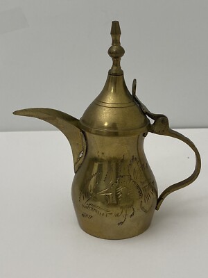 VINTAGE HEAVY ENGRAVED BRASS MIDDLE EASTERN LONG SPOUT PITCHER TEAPOT ...