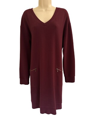 J Jill Waffle Knit Sweater Dress XL Plum Stretch Zip Pockets V-Neck | eBay