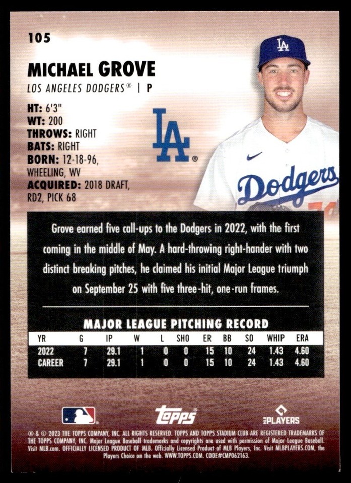 Michael Grove 2023 Stadium Club Black Foil Rookie Card RC #105 Los ...