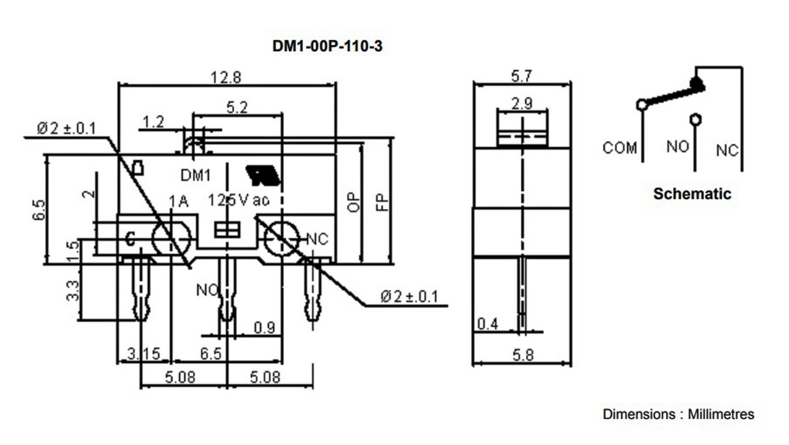 100pc Mouse Micro Switch DM1 1A 125VAC 12.8x6.5x5.7mm DM1-00P-110-3 UL ...