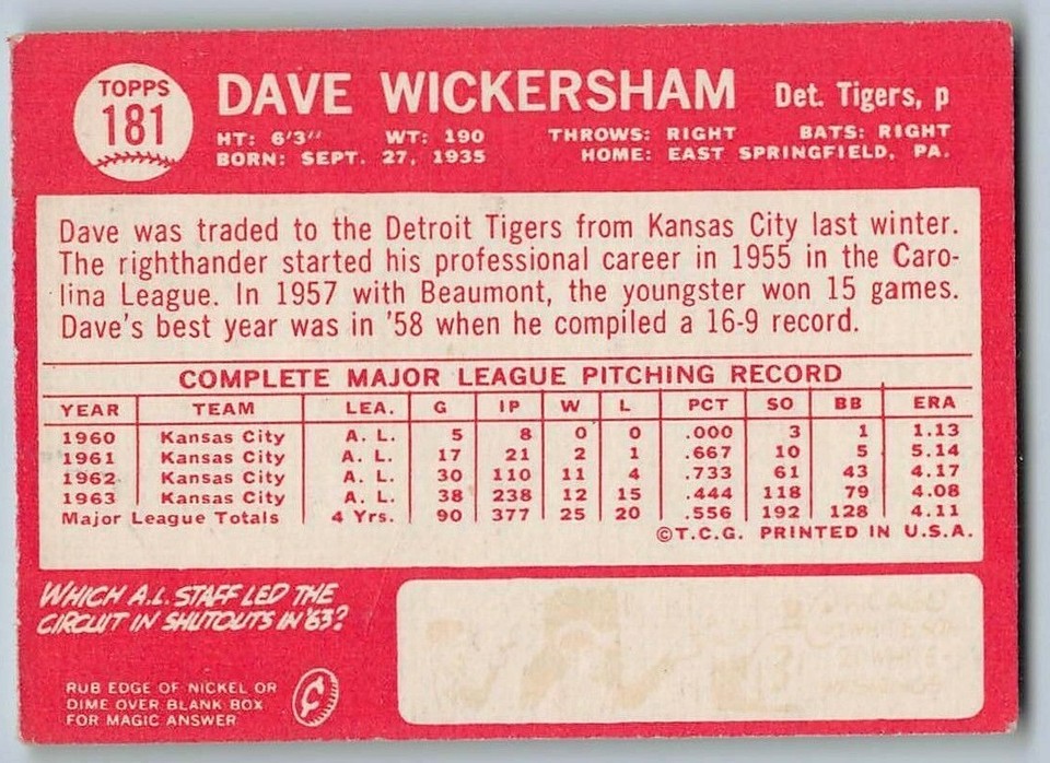 1964 DAVE WICKERSHAM - Topps Baseball Card # 181 - DETROIT TIGERS | eBay