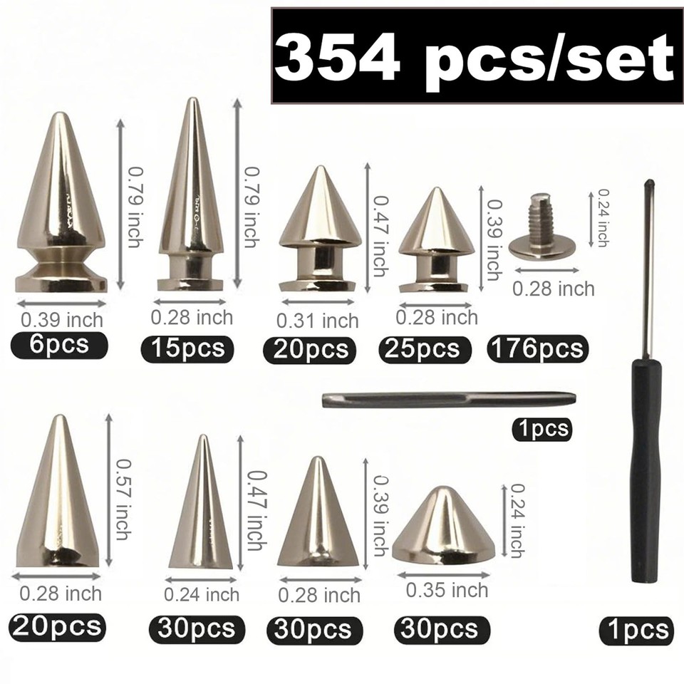354 Pieces Punk Spikes and Studs Kit - 8 Sizes Cone Spikes, Metal Tree ...