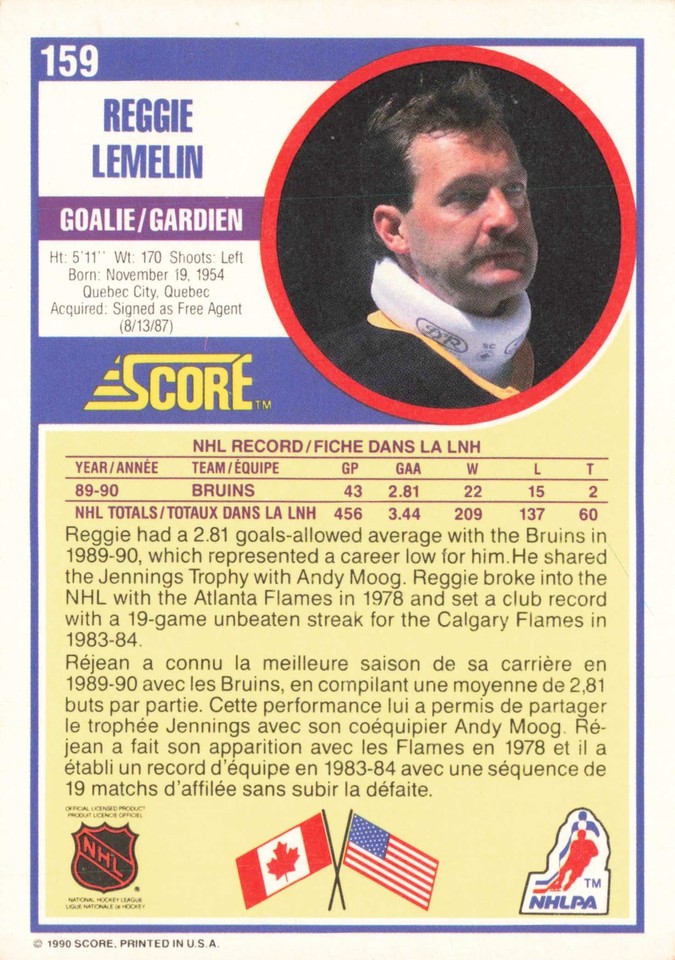 Reggie Lemelin 1990-91 Score American #159 Boston Bruins | eBay