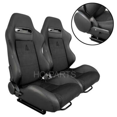 2X TANAKA BLACK PVC LEATHER & BLACK SUEDE RACING SEATS RECLINABLE FITS ...