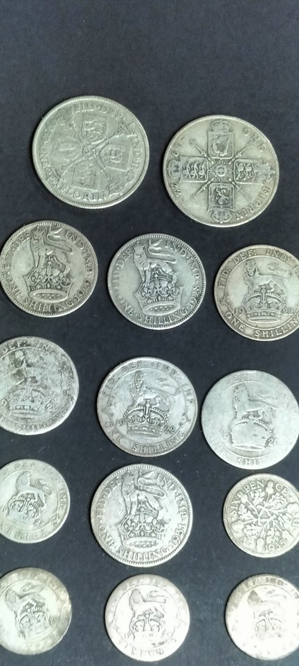SMALL COIN COLLECTION . Six Pence,Shilling,Half Crown,Florin.Old Coins ...