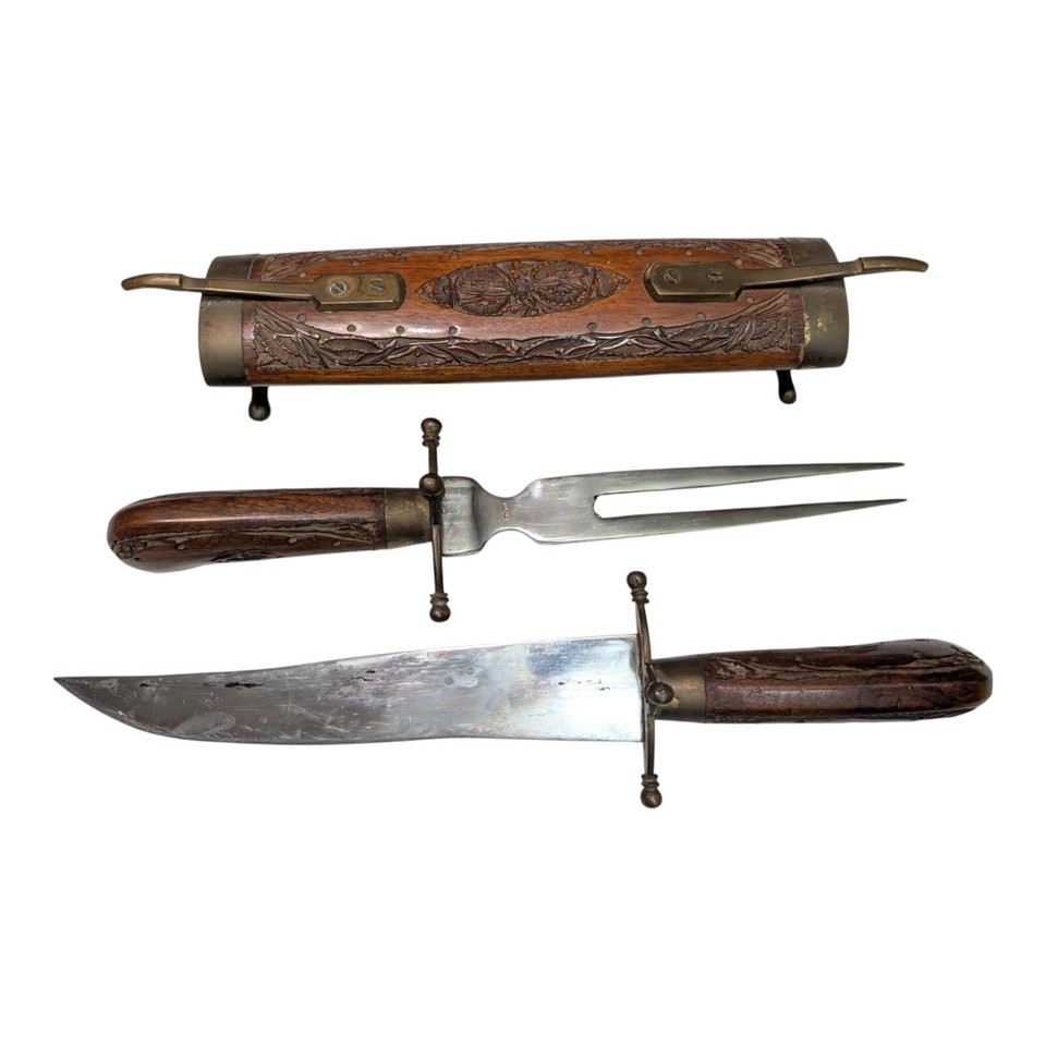 Vintage Indian Carving Set - With Wood and Brass Locking Sheath Fork ...