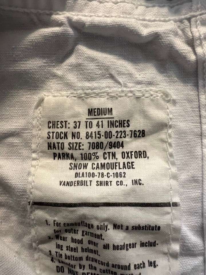 MEDIUM-LARGE USGI US M50 SNOW WHITE CAMO CAMOUFLAGE PARKA 100% Cotton ...