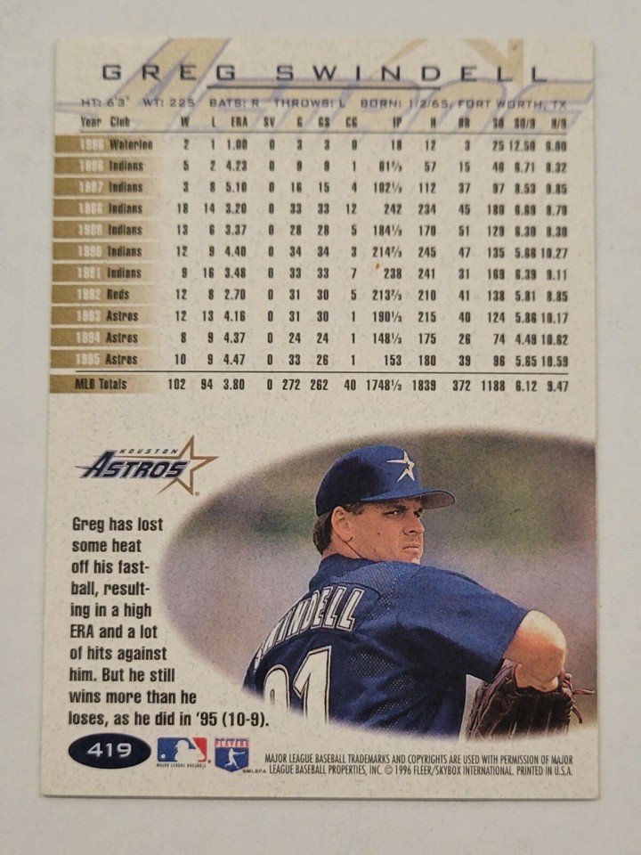 GREG SWINDELL Signed 1996 Fleer #419 Card Houston Astros Autograph | eBay