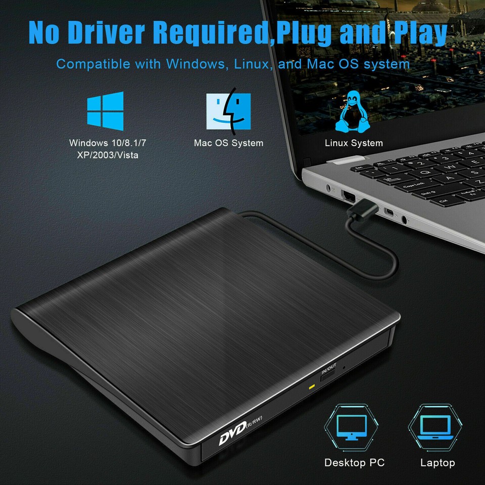 External USB 3.0 DVD RW CD Writer Drive Burner Reader Player For Laptop ...