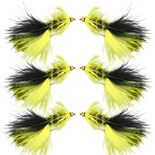 6 Pc Woolly Bugger – Yellow & Black, Fly Fishing Streamer Flies for ...