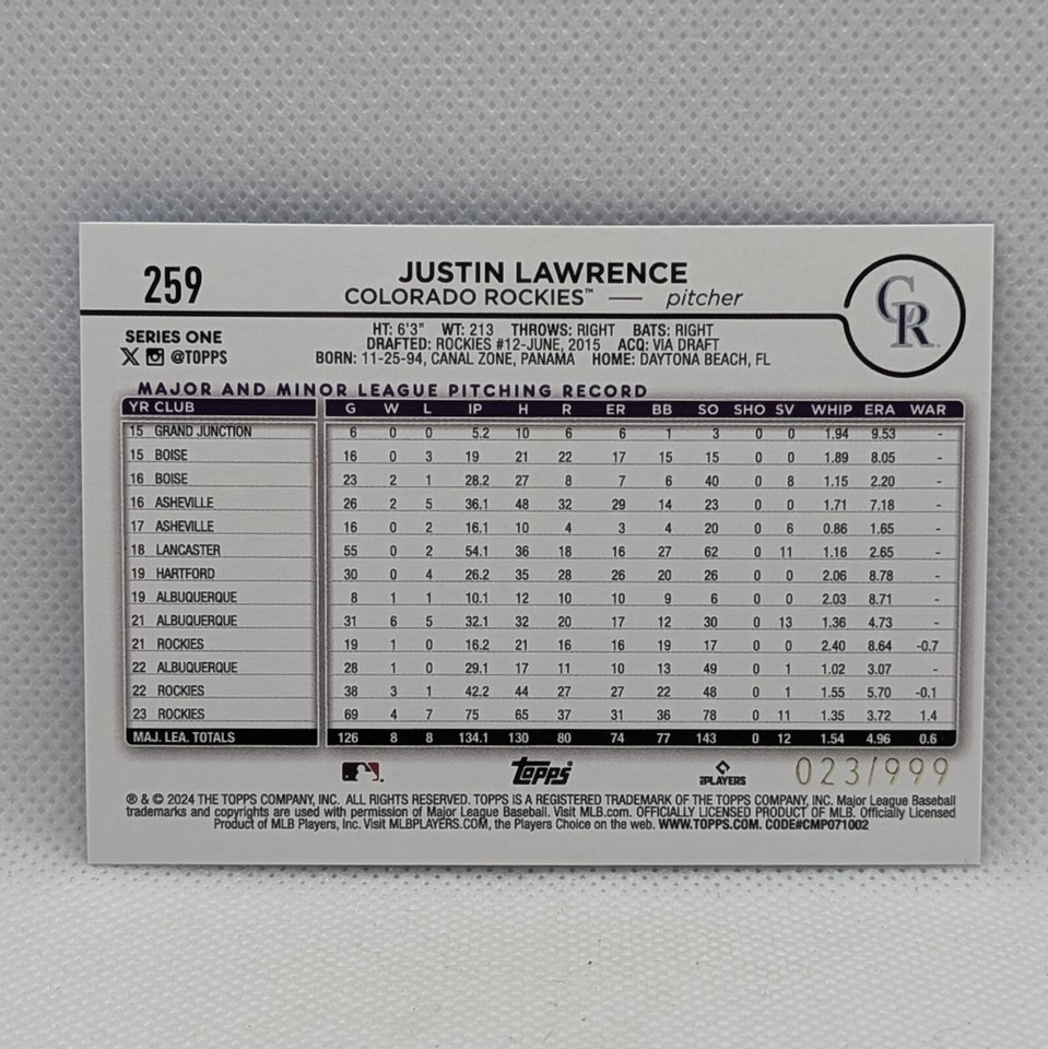Justin Lawrence 2024 Topps Blue Foil #259 /999 Rockies | eBay