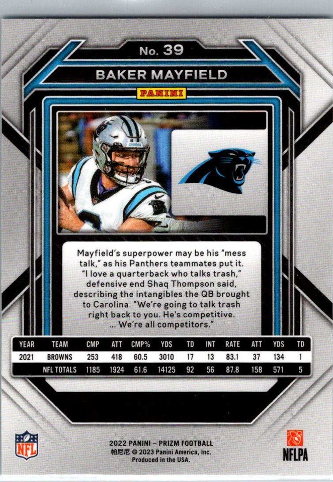 2022 Baker Mayfield #39 Panini Carolina Panthers MFBC #109 | eBay