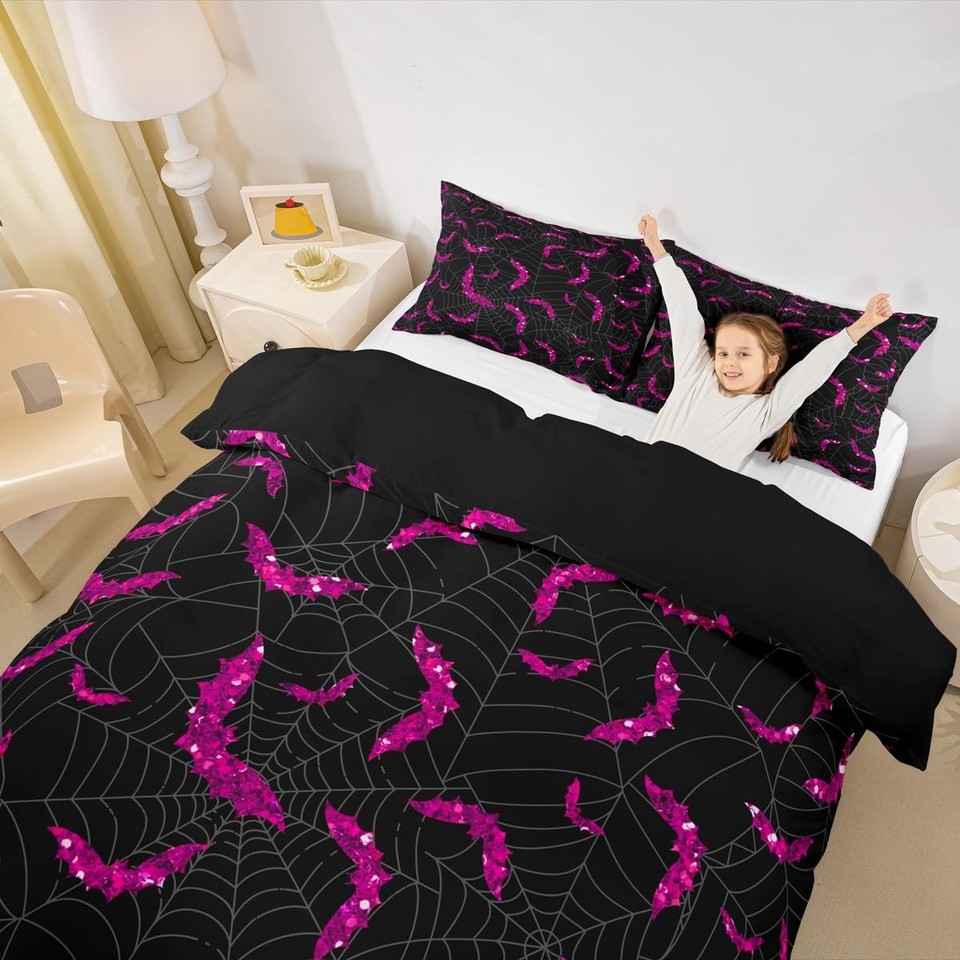 Pink Purple Bat Duvet Cover Set Queen Size,Black Spider Web Bedding Set ...