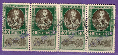 1928 LATVIA 40 SANTIMI BLOCK OF 4 REVENUE STAMPS. WATERMARK SWASTIKA ...