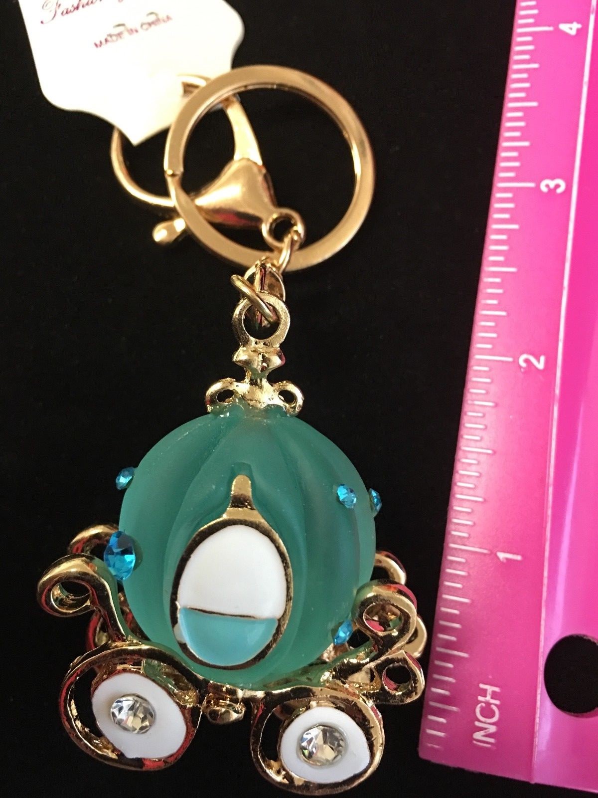 princess carriage gold tone with teal blue rhinestones keychain gift ...