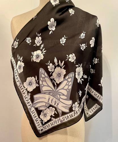 Siya Brand- Black Scarf/Wrap/ with Flowers, Butterfly, Love- Vintage | eBay