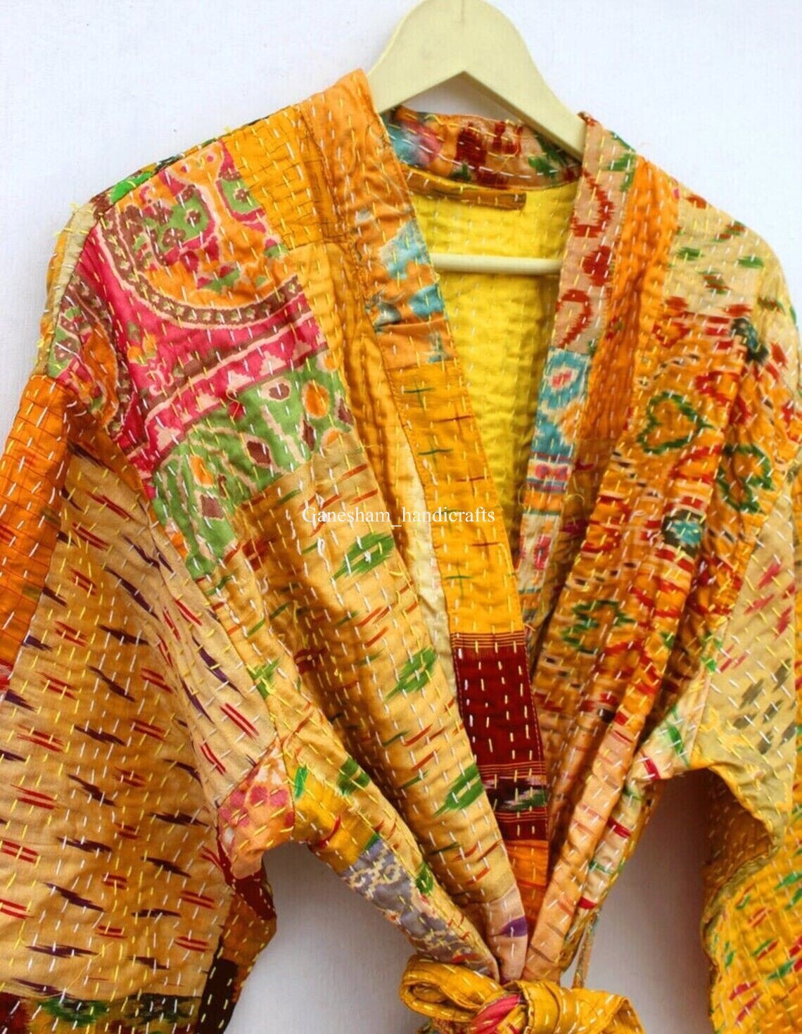 Silk patchwork handmade kantha jacket japanese kimono style kantha robe ...