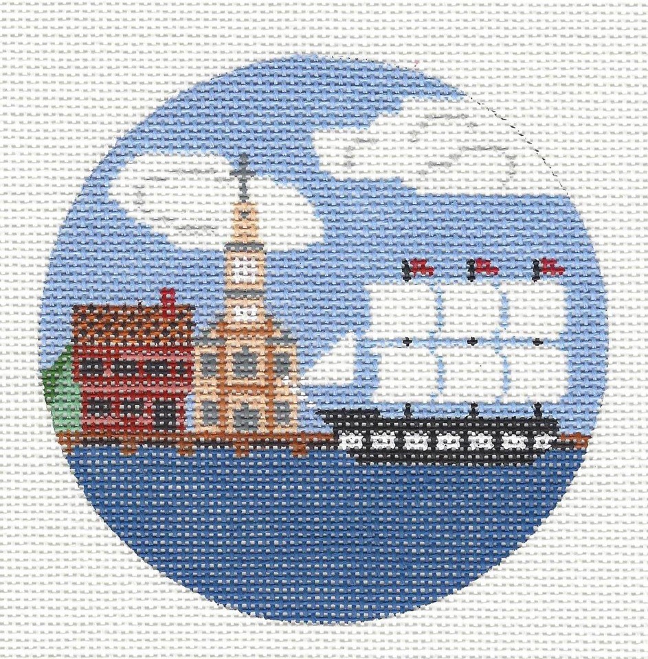 BOSTON, MASSACHUSETTS handpainted Needlepoint Canvas 4" Rd. by Painted ...