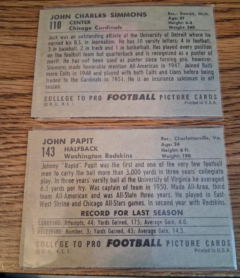 1952 Bowman Large Foot Ball Johnny Papit RC & Jack Simmons RC EX++ | eBay
